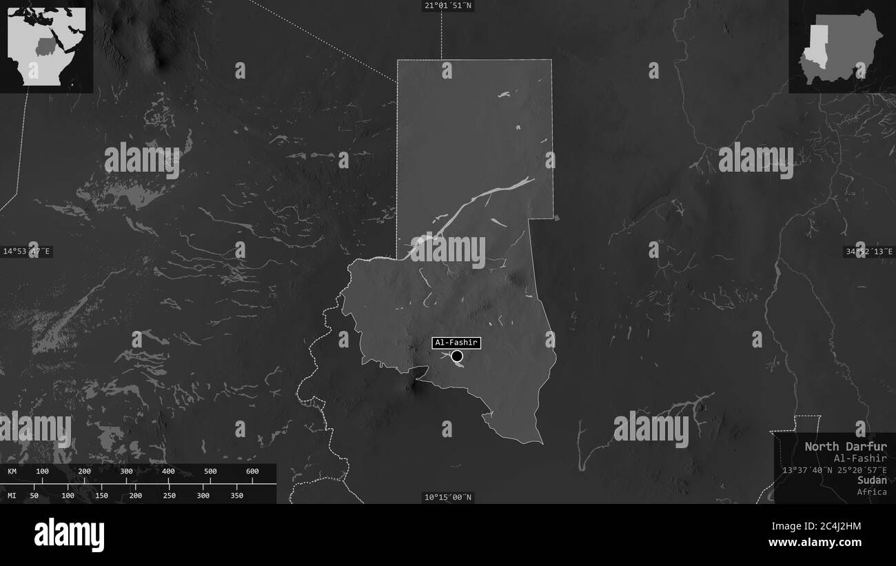 North Darfur, state of Sudan. Grayscaled map with lakes and rivers ...