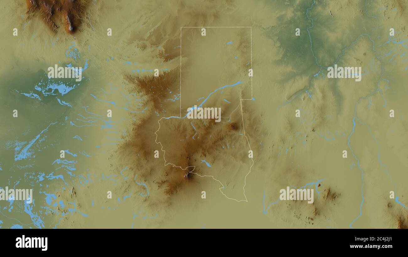 North Darfur, state of Sudan. Colored relief with lakes and rivers ...