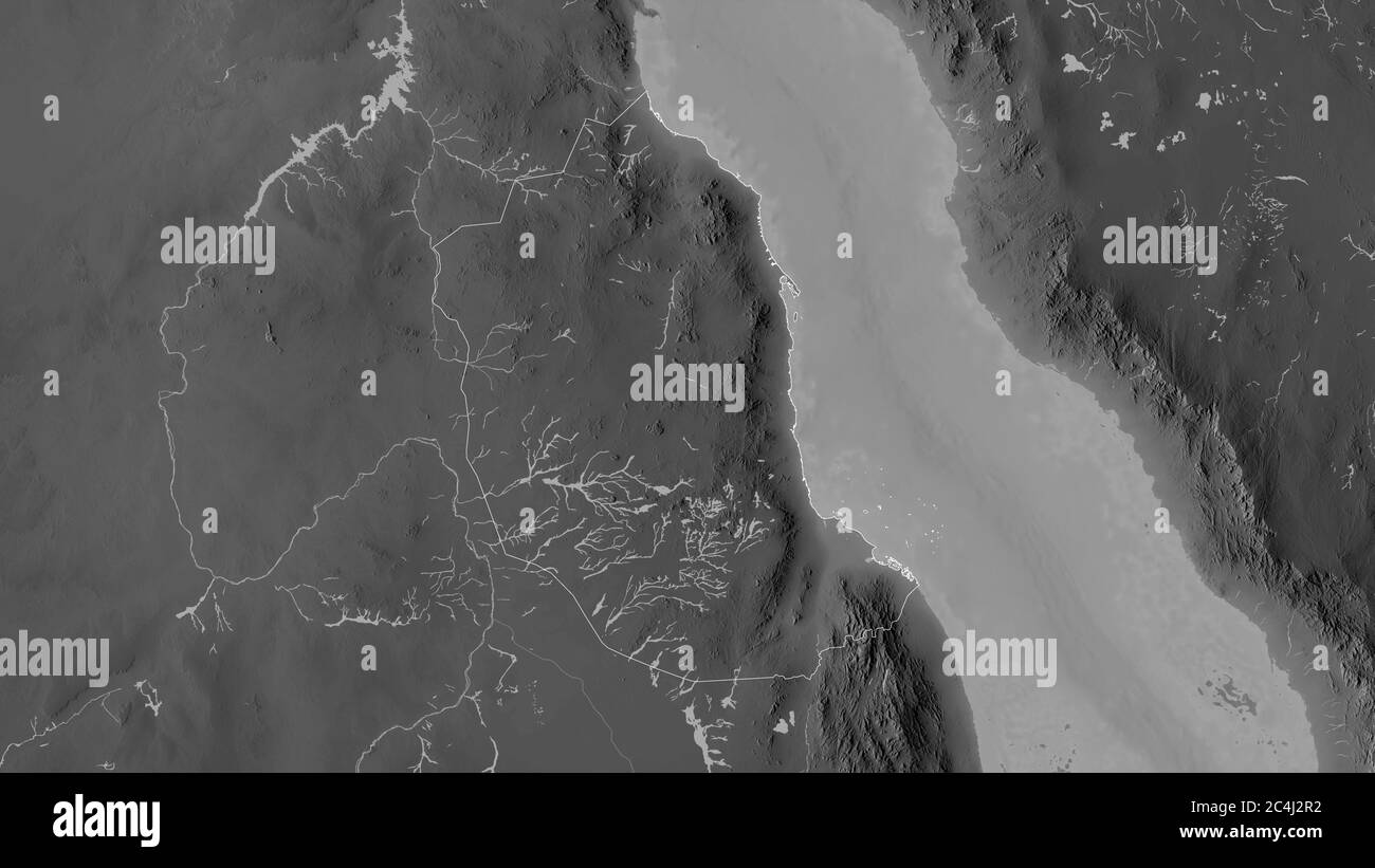Red Sea, state of Sudan. Grayscaled map with lakes and rivers. Shape ...