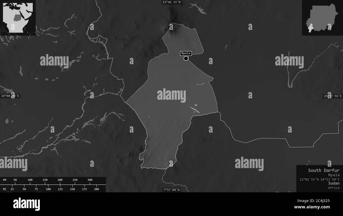 South Darfur, state of Sudan. Grayscaled map with lakes and rivers ...