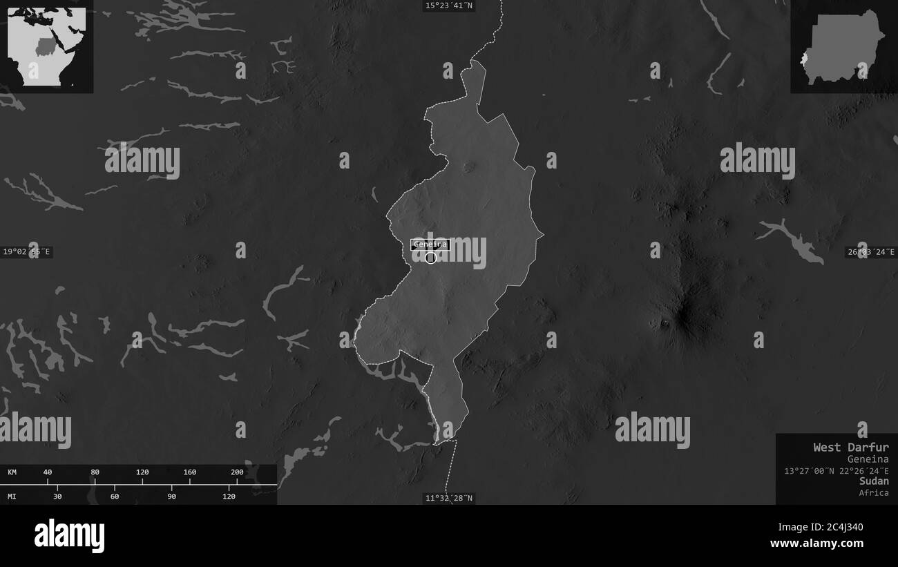 West Darfur, state of Sudan. Grayscaled map with lakes and rivers ...