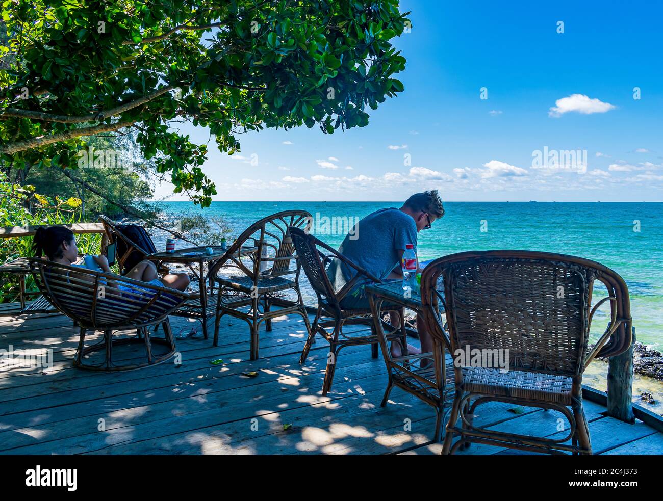 Koh Ta Kiev, Cambodia- January, 2020 : relaxing on the deck overlooking ...