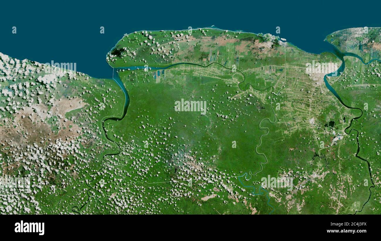 Saramacca, district of Suriname. Satellite imagery. Shape outlined ...