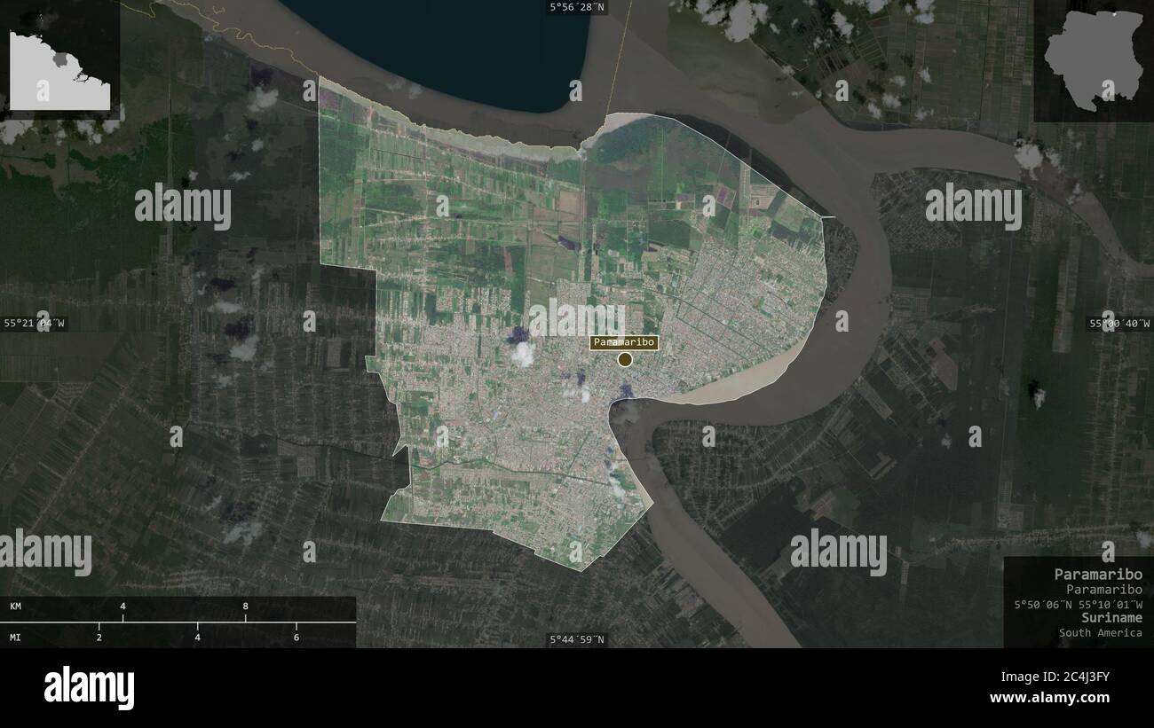 Paramaribo, district of Suriname. Satellite imagery. Shape presented ...