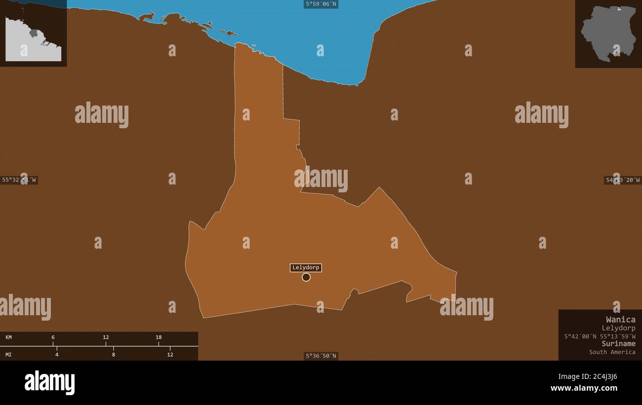 Wanica, district of Suriname. Patterned solids with lakes and rivers ...