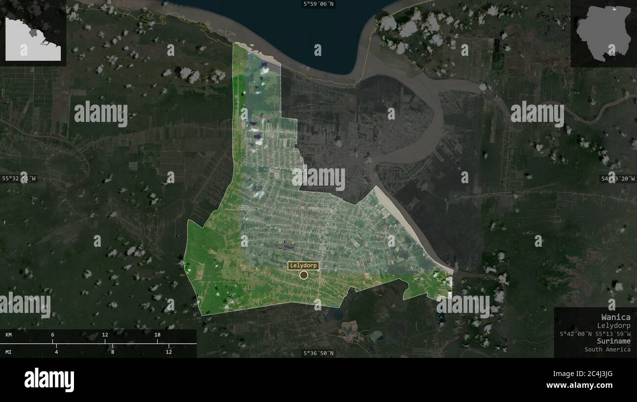 Wanica, district of Suriname. Satellite imagery. Shape presented ...