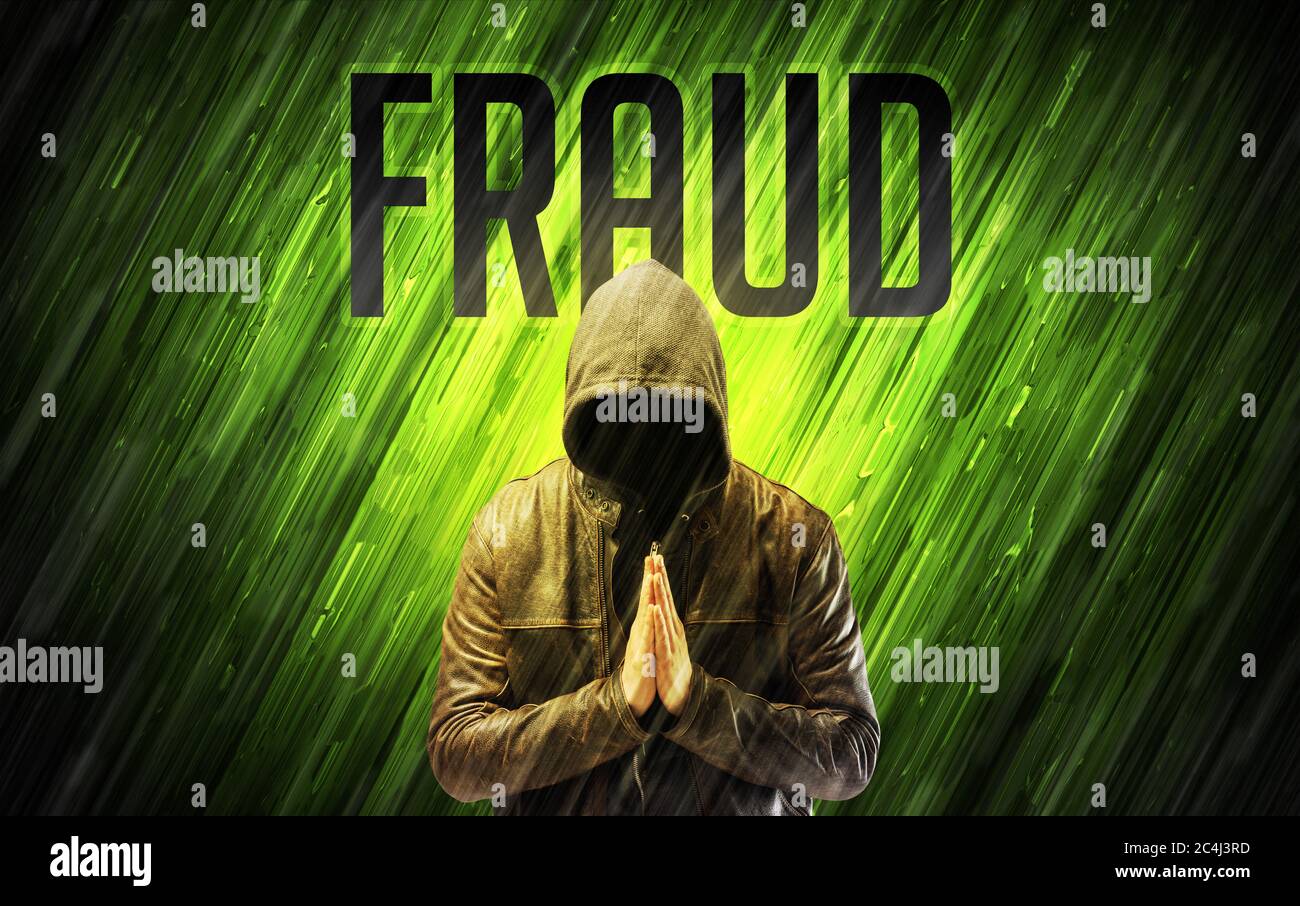 Mysterious man with FRAUD inscription, online security concept Stock ...