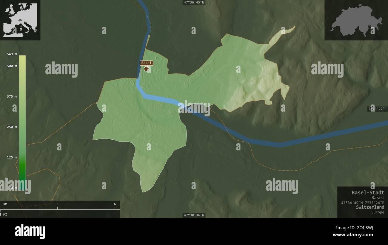 Basel-Stadt, canton of Switzerland. Colored shader data with lakes and ...