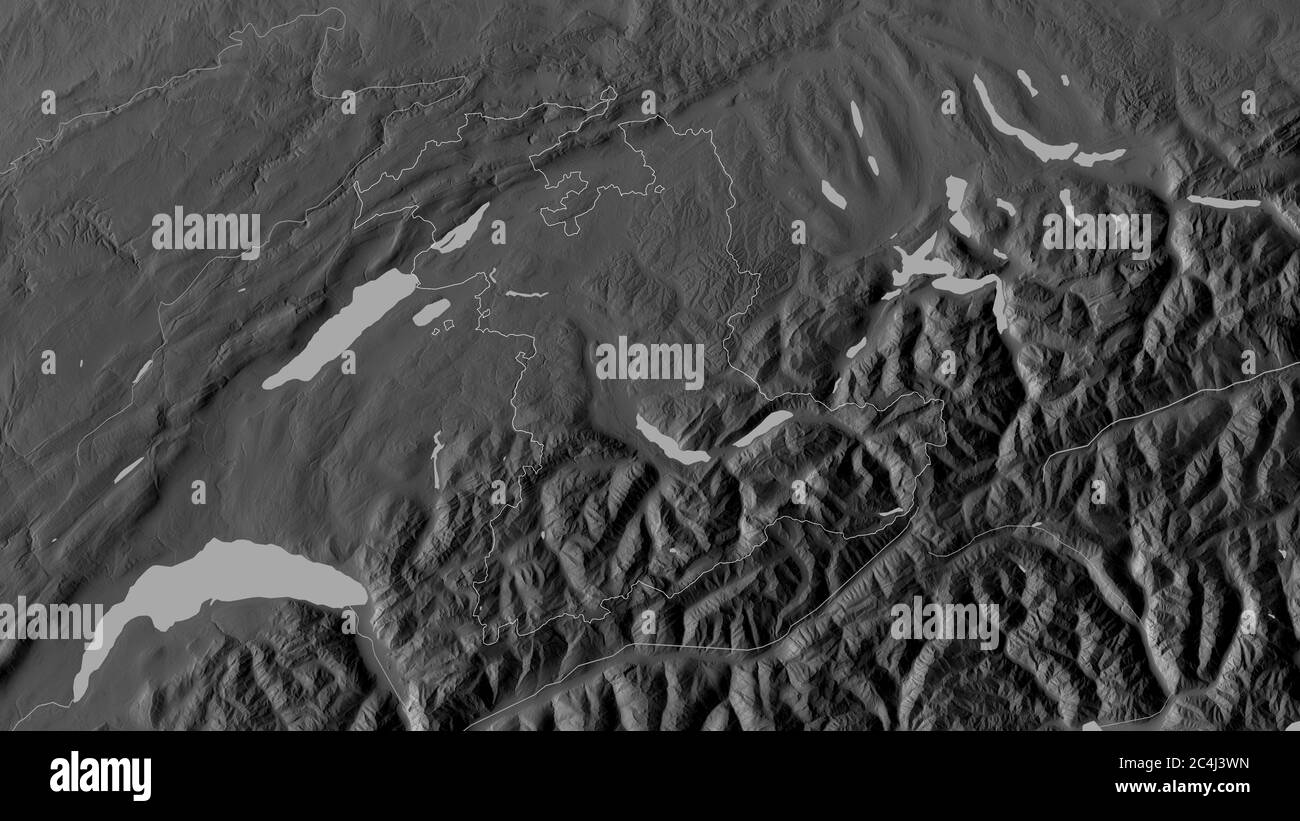 Bern, canton of Switzerland. Grayscaled map with lakes and rivers ...