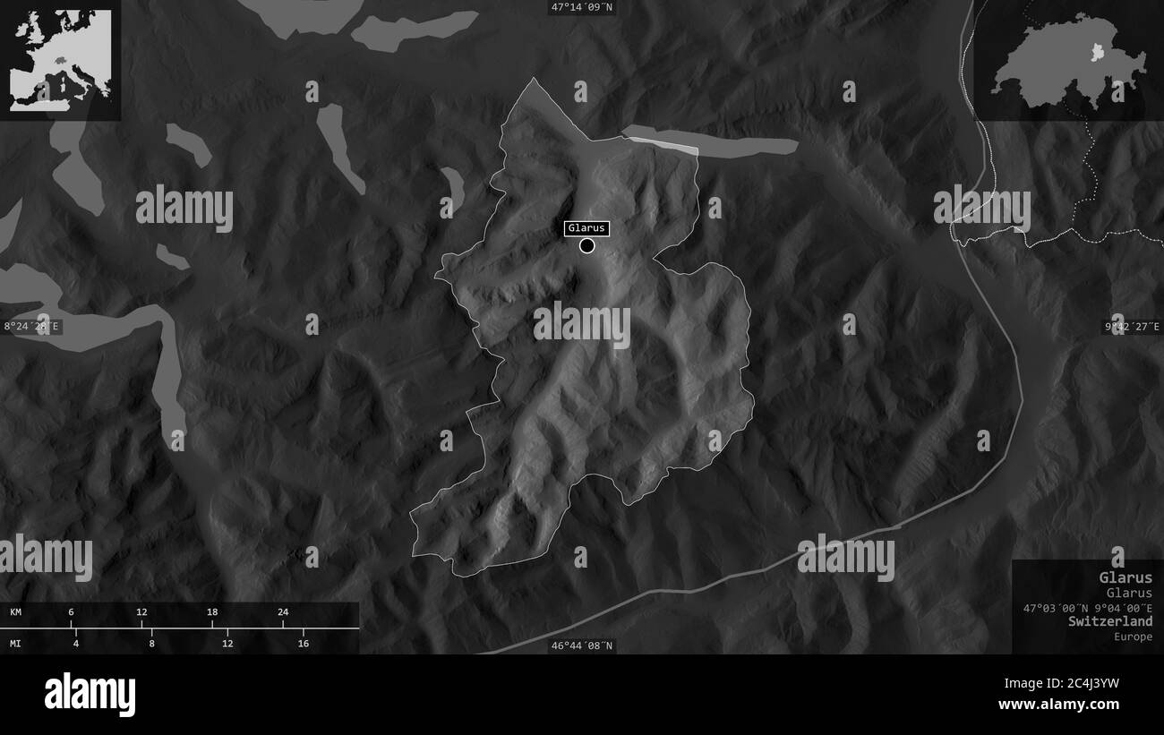 Glarus, canton of Switzerland. Grayscaled map with lakes and rivers ...