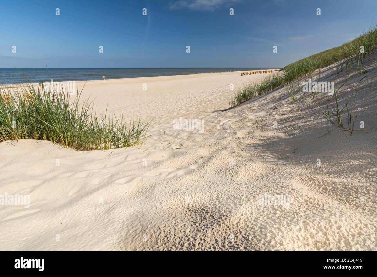 Looking onto a beautiful beach through the dunes and beach grass on the ...