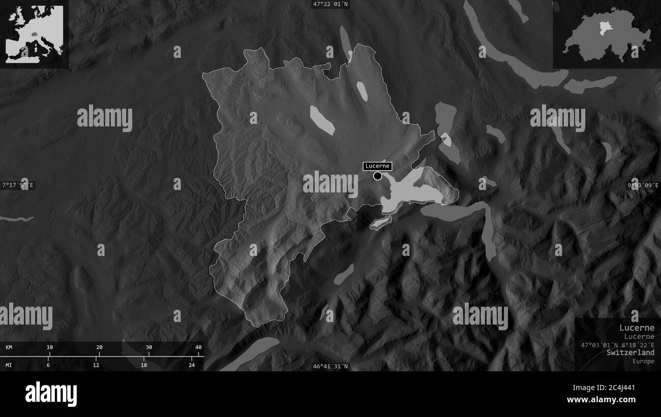 Lucerne, canton of Switzerland. Grayscaled map with lakes and rivers ...