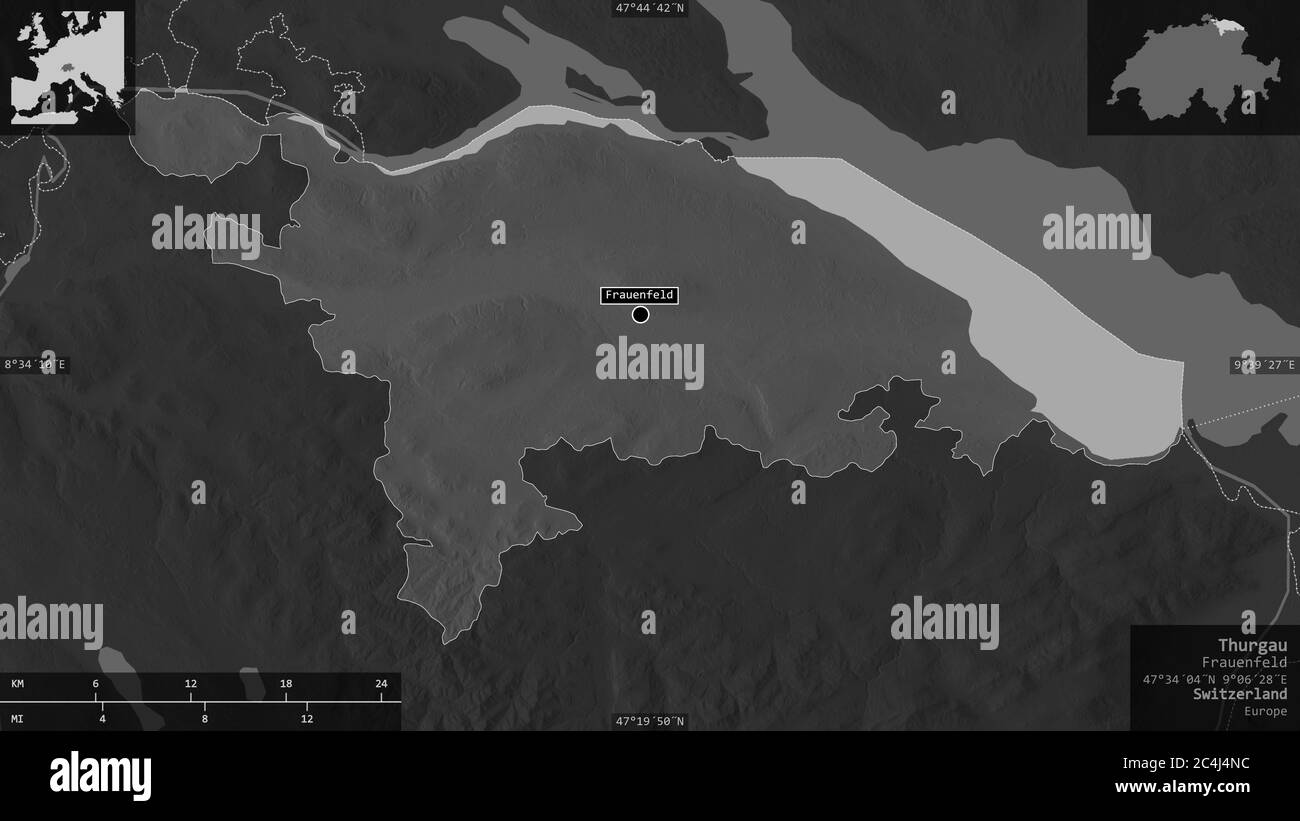 Thurgau, canton of Switzerland. Grayscaled map with lakes and rivers ...