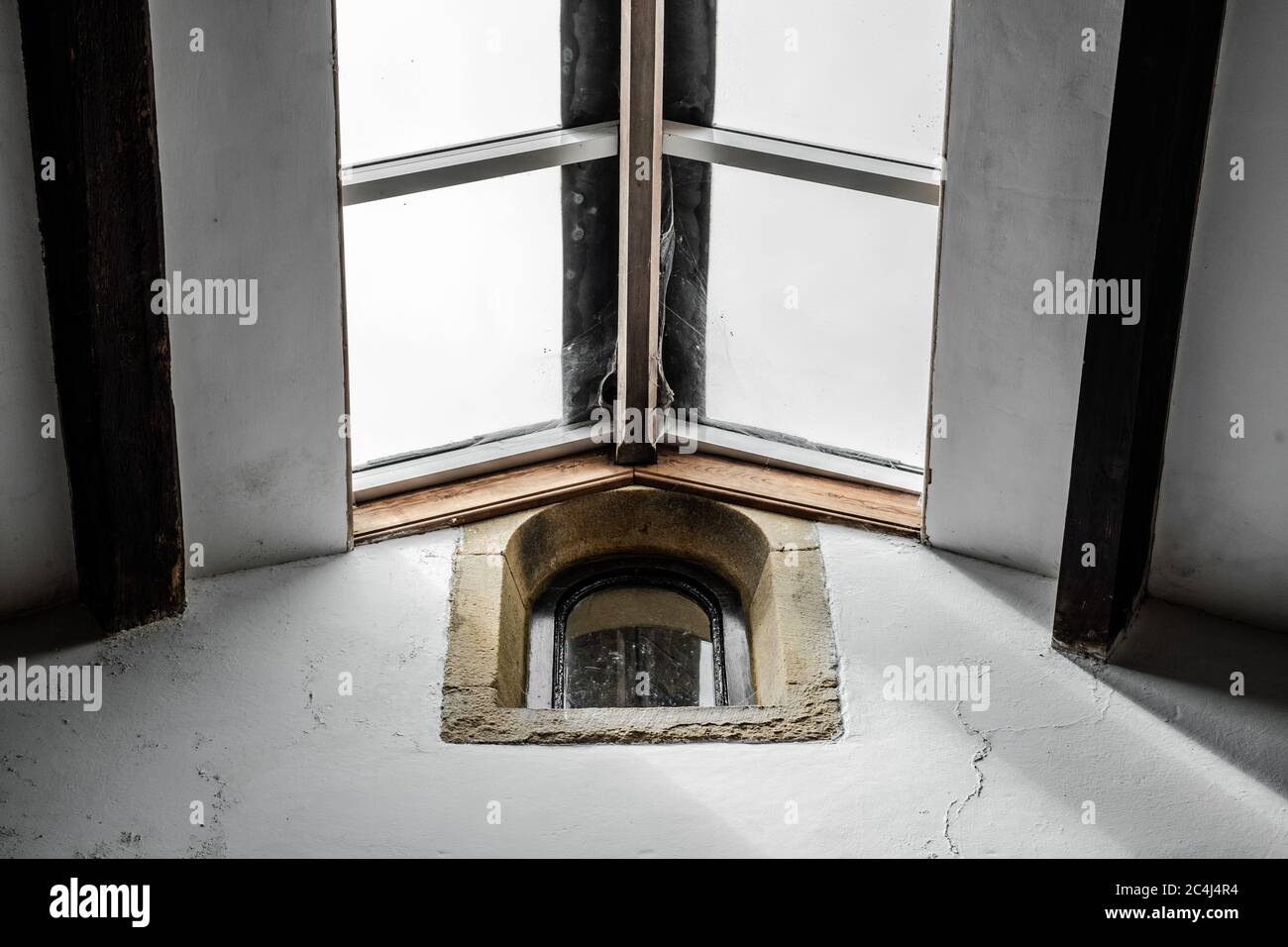 Interior, roof space view of an historic building showing the large ...