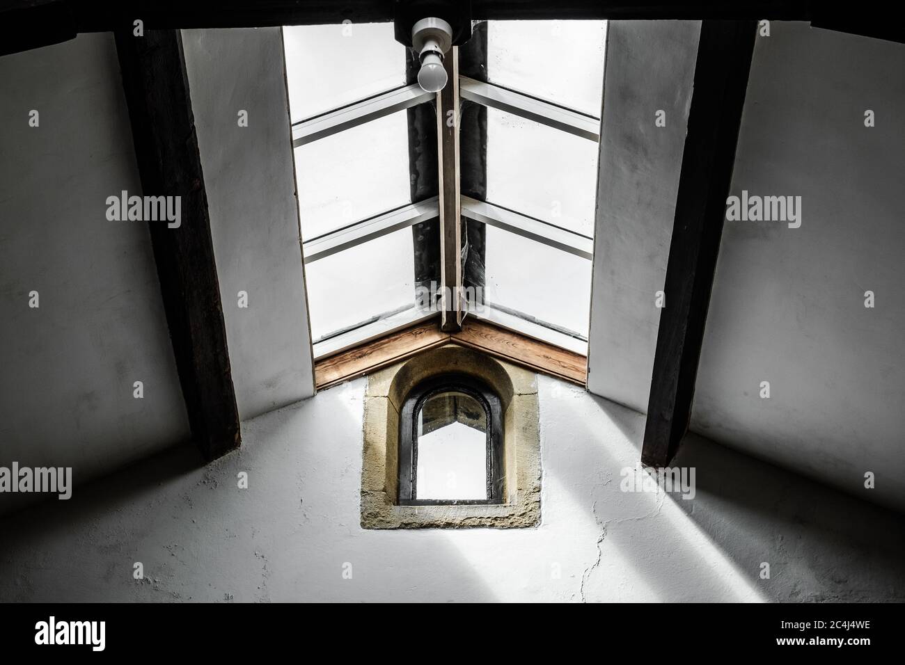 Interior, roof space view of an historic building showing the large ...