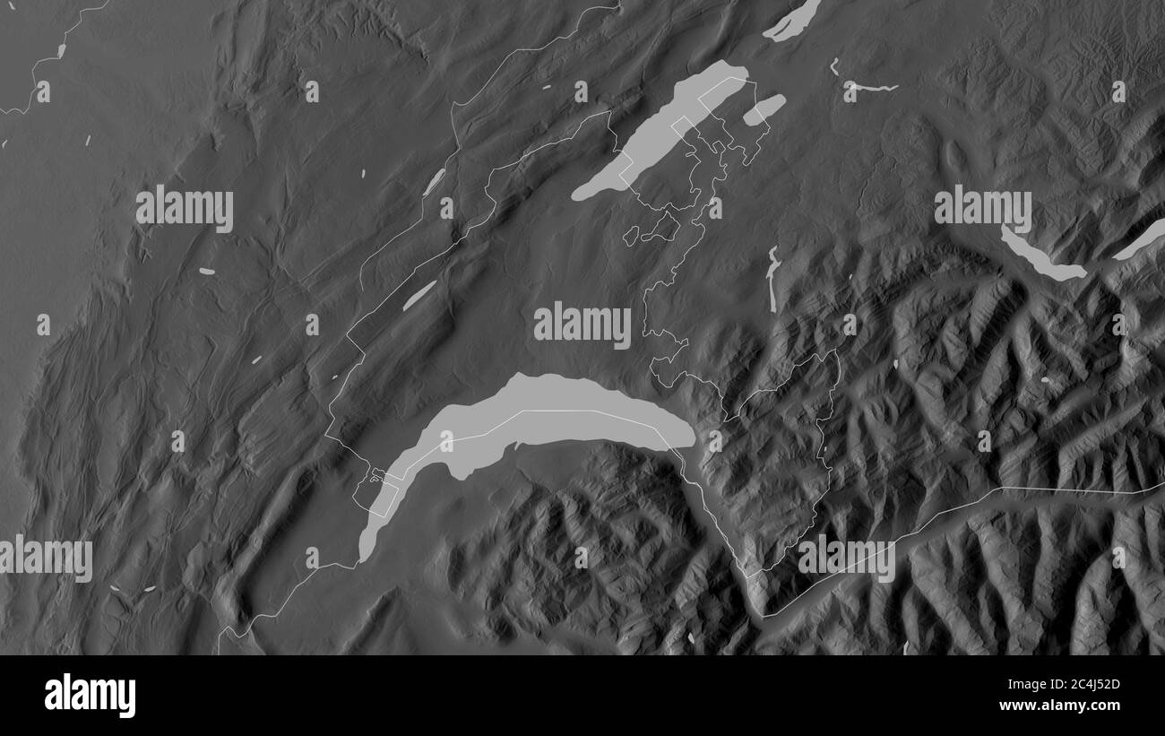 Vaud, canton of Switzerland. Grayscaled map with lakes and rivers ...