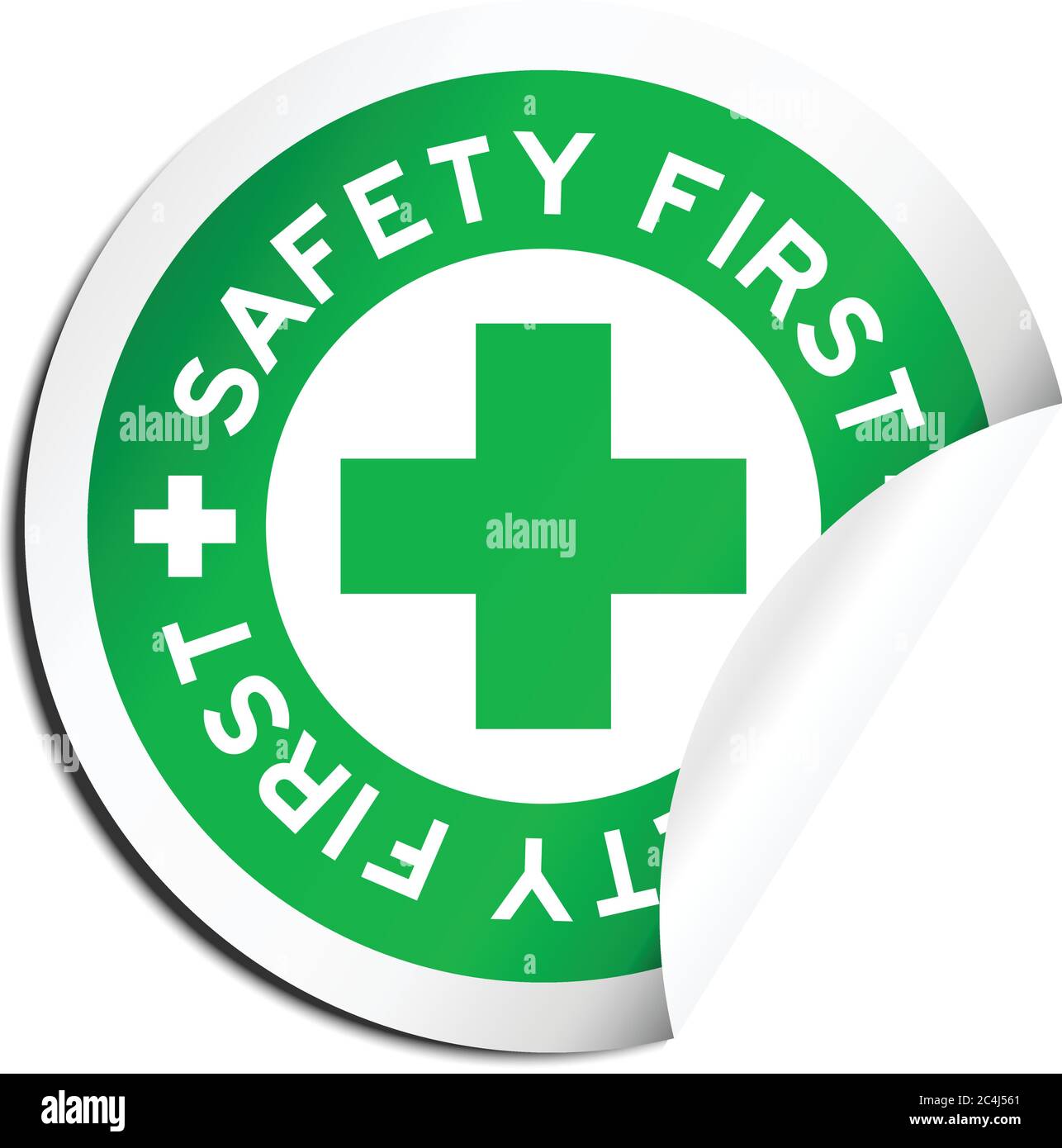 Safety first word peel off green sticker on white background Stock ...