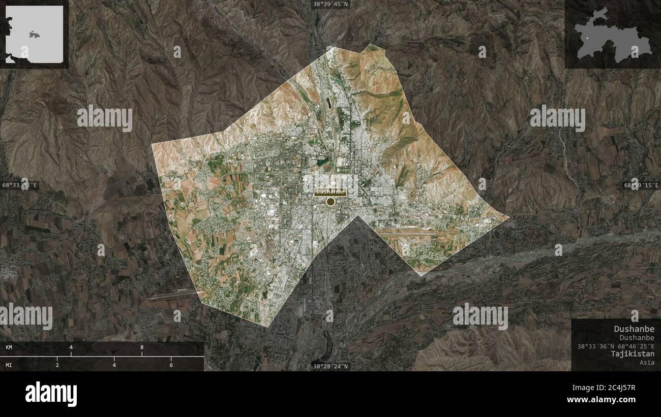 Dushanbe, region of Tajikistan. Satellite imagery. Shape presented ...