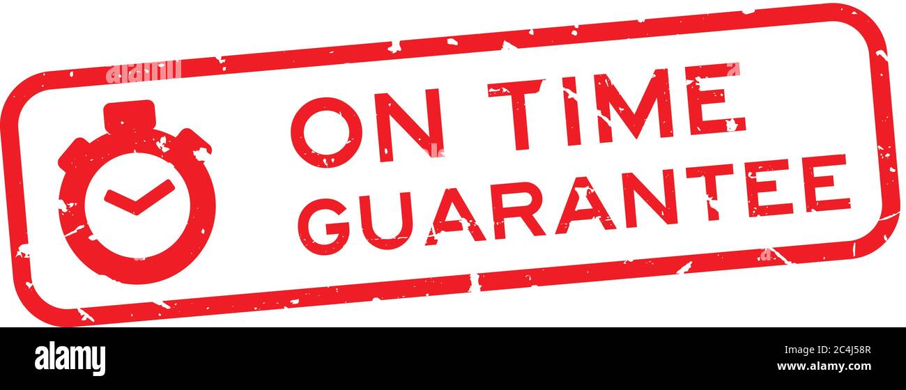 Grunge red on time guarantee word with stopwatch icon square rubber seal stamp on white ...