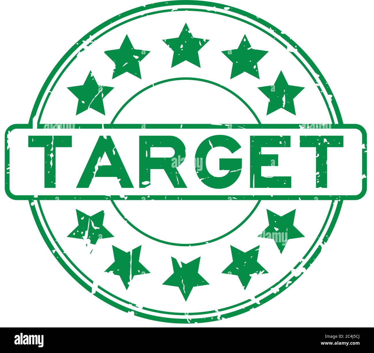 Grunge green target with star icon round rubber seal stamp on white ...