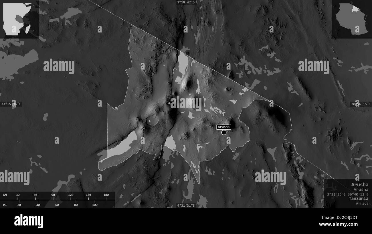 Arusha, region of Tanzania. Grayscaled map with lakes and rivers. Shape ...