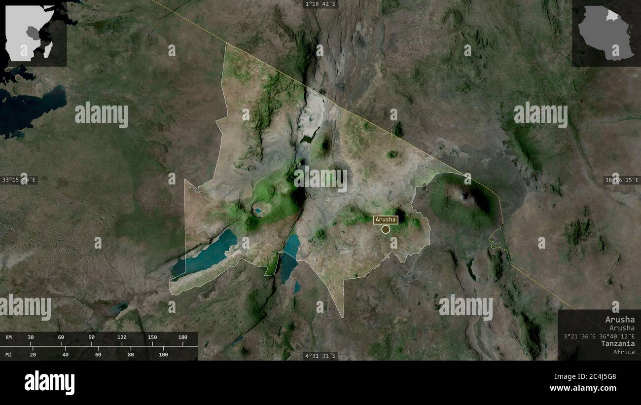 Arusha, region of Tanzania. Satellite imagery. Shape presented against ...