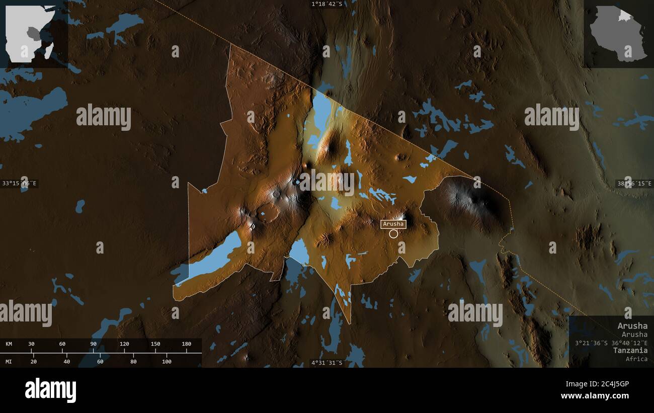 Arusha, region of Tanzania. Colored relief with lakes and rivers. Shape ...