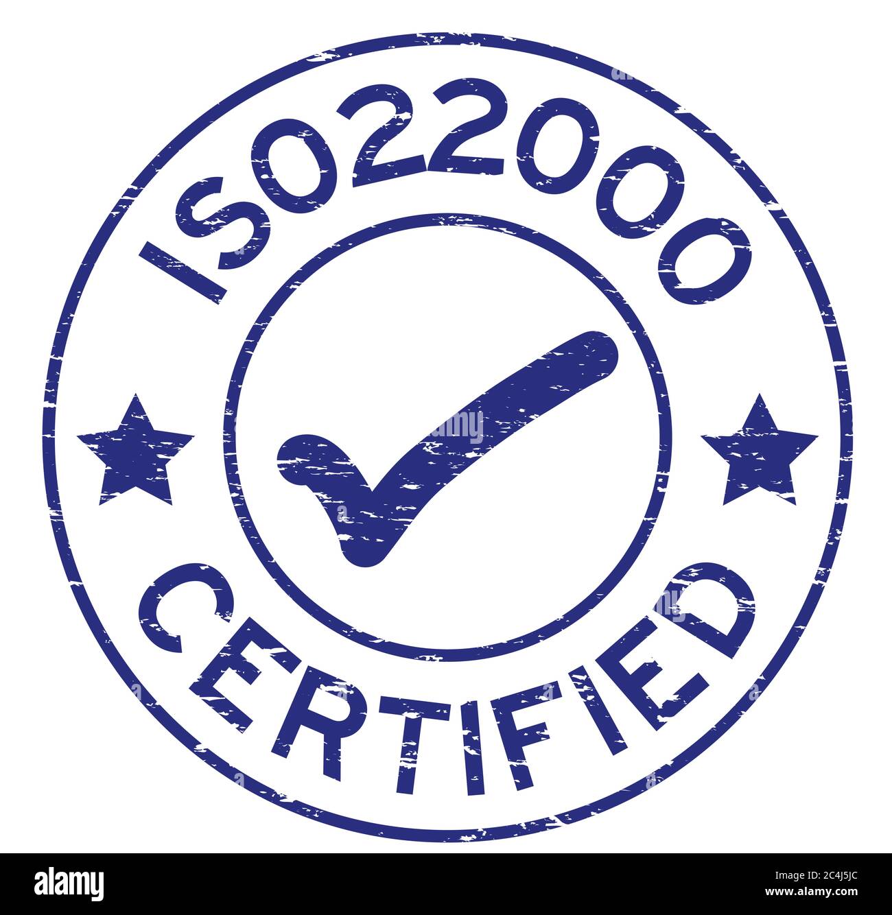 Grunge blue ISO 22000 certified with mark icon round rubber seal stamp on white background Stock ...