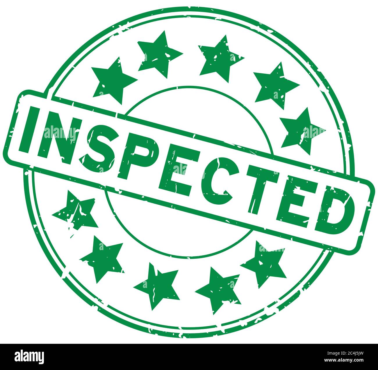 Grunge green inspected with star icon round rubber seal stamp on white ...