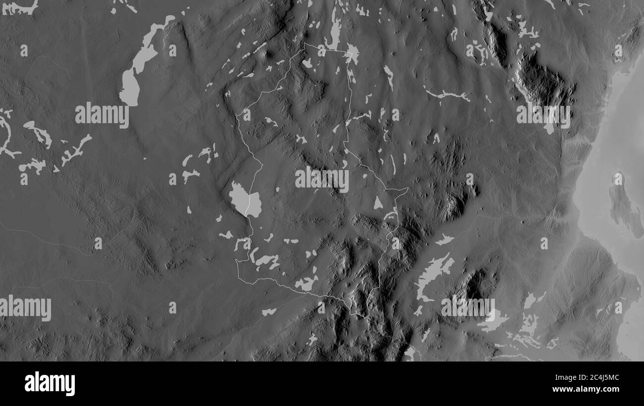 Dodoma, region of Tanzania. Grayscaled map with lakes and rivers. Shape ...
