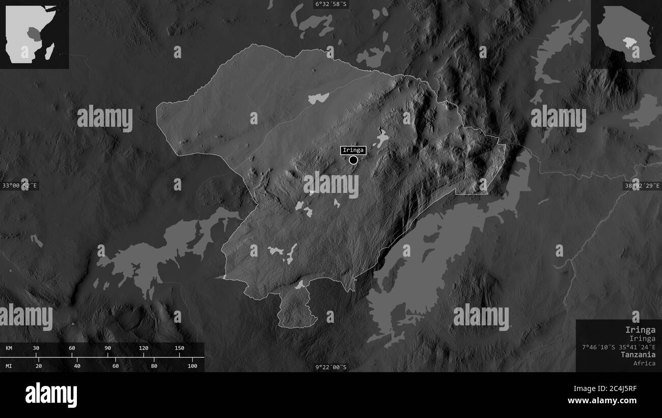 Iringa, region of Tanzania. Grayscaled map with lakes and rivers. Shape ...