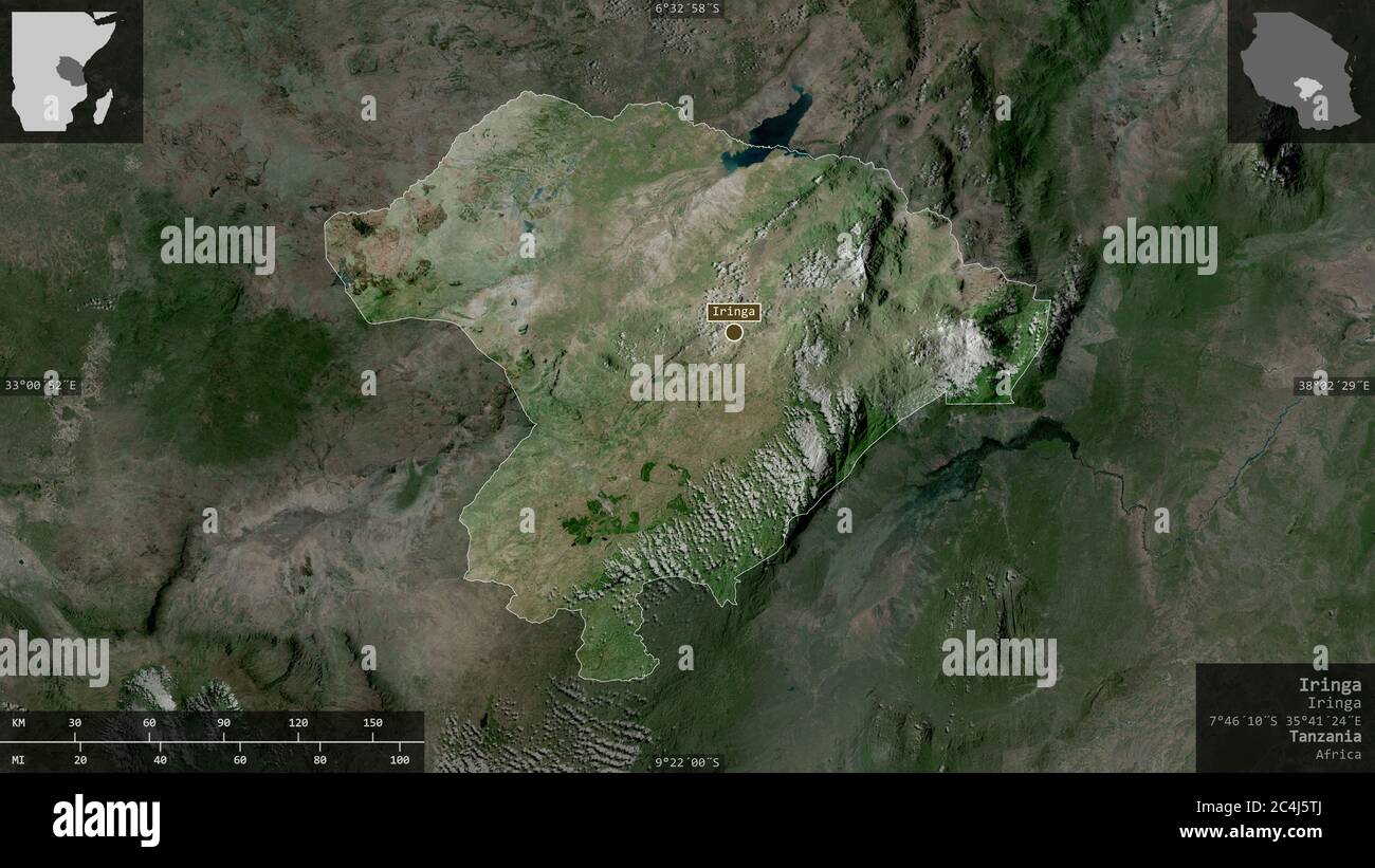 Iringa, region of Tanzania. Satellite imagery. Shape presented against ...