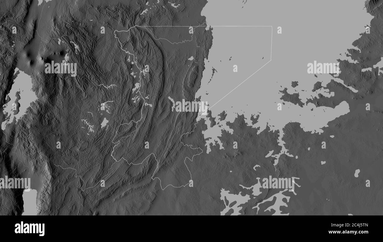 Kagera, region of Tanzania. Grayscaled map with lakes and rivers. Shape ...