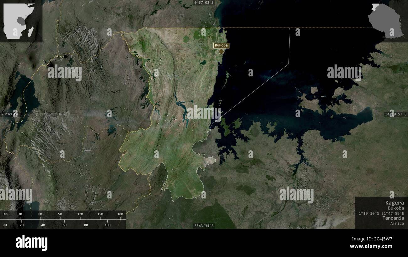 Kagera, region of Tanzania. Satellite imagery. Shape presented against ...