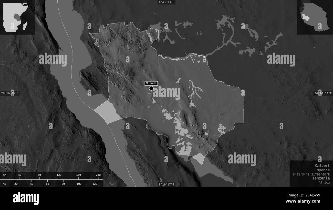 Katavi, region of Tanzania. Grayscaled map with lakes and rivers. Shape ...