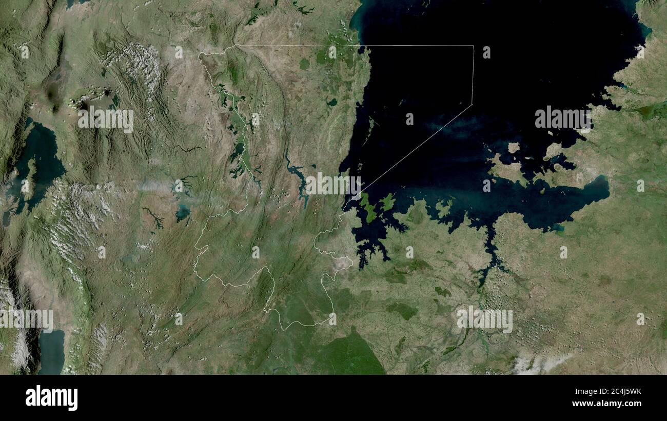 Kagera, region of Tanzania. Satellite imagery. Shape outlined against ...