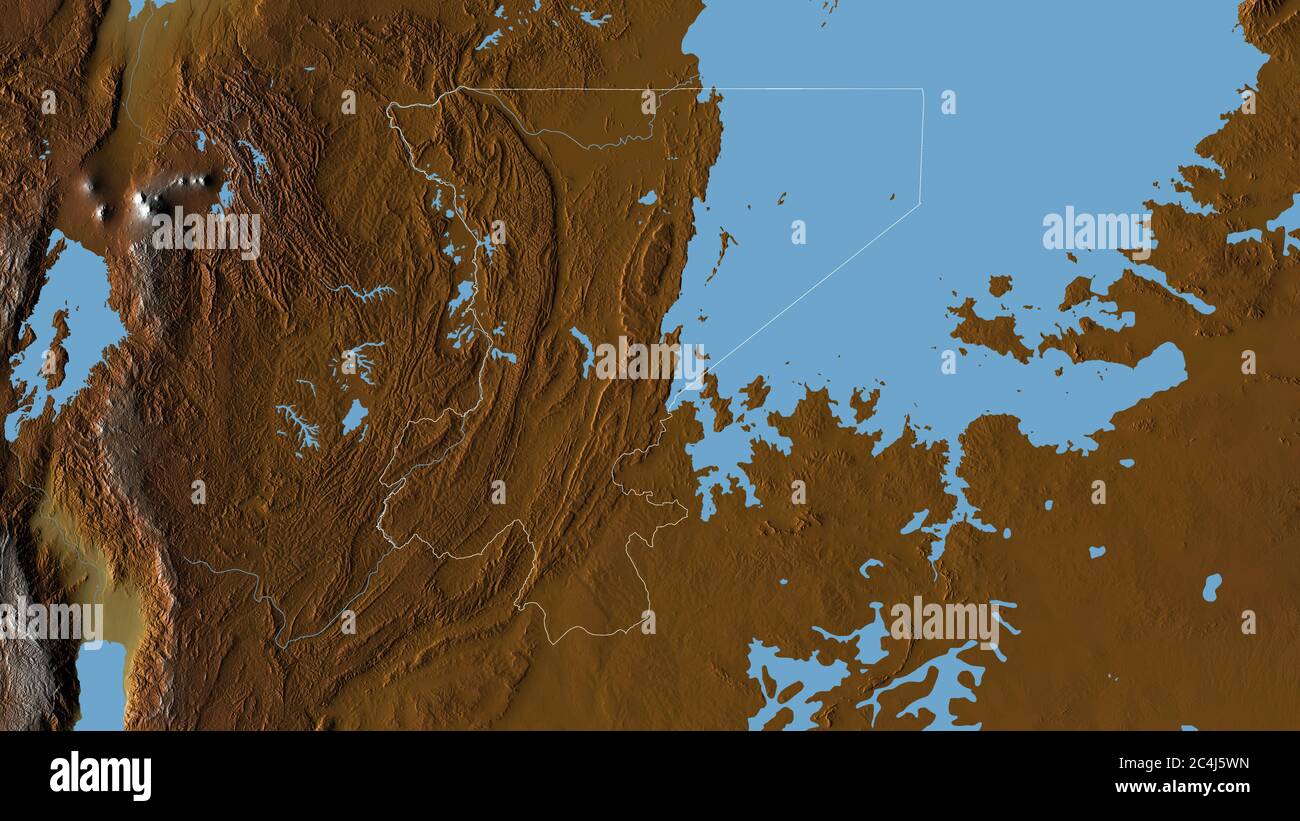 Kagera, region of Tanzania. Colored relief with lakes and rivers. Shape ...