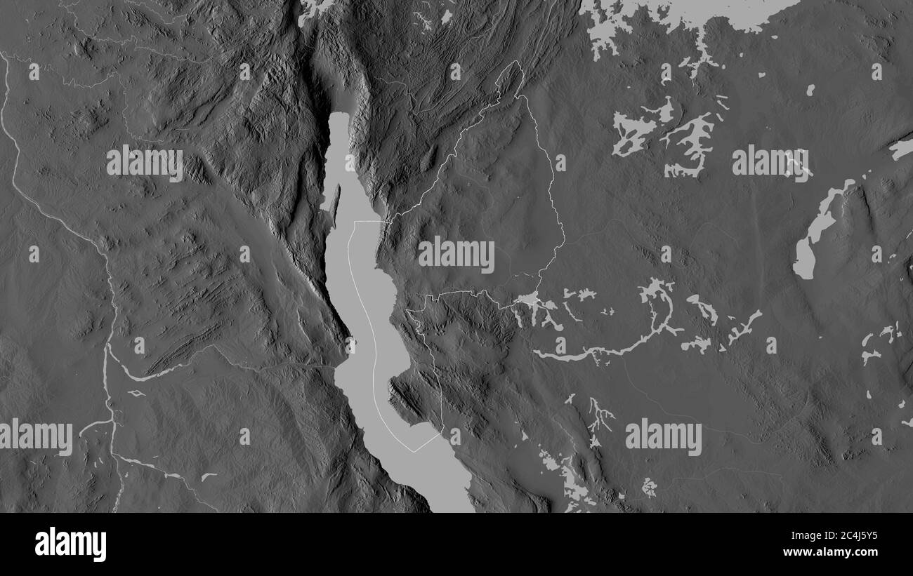 Kigoma, region of Tanzania. Grayscaled map with lakes and rivers. Shape ...