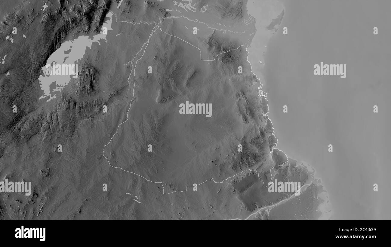 Lindi, region of Tanzania. Grayscaled map with lakes and rivers. Shape ...