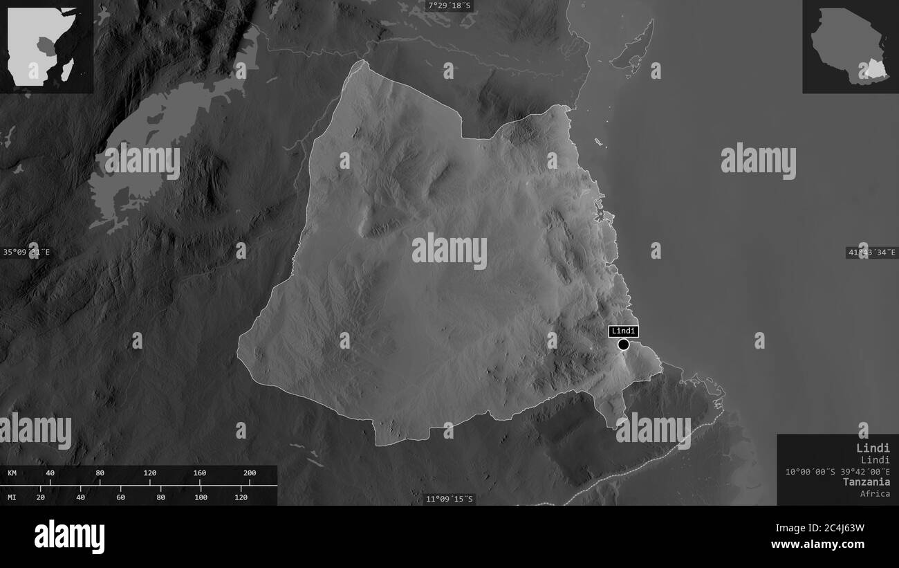 Lindi, region of Tanzania. Grayscaled map with lakes and rivers. Shape ...
