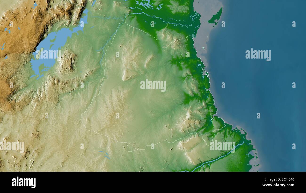 Lindi, region of Tanzania. Colored shader data with lakes and rivers ...
