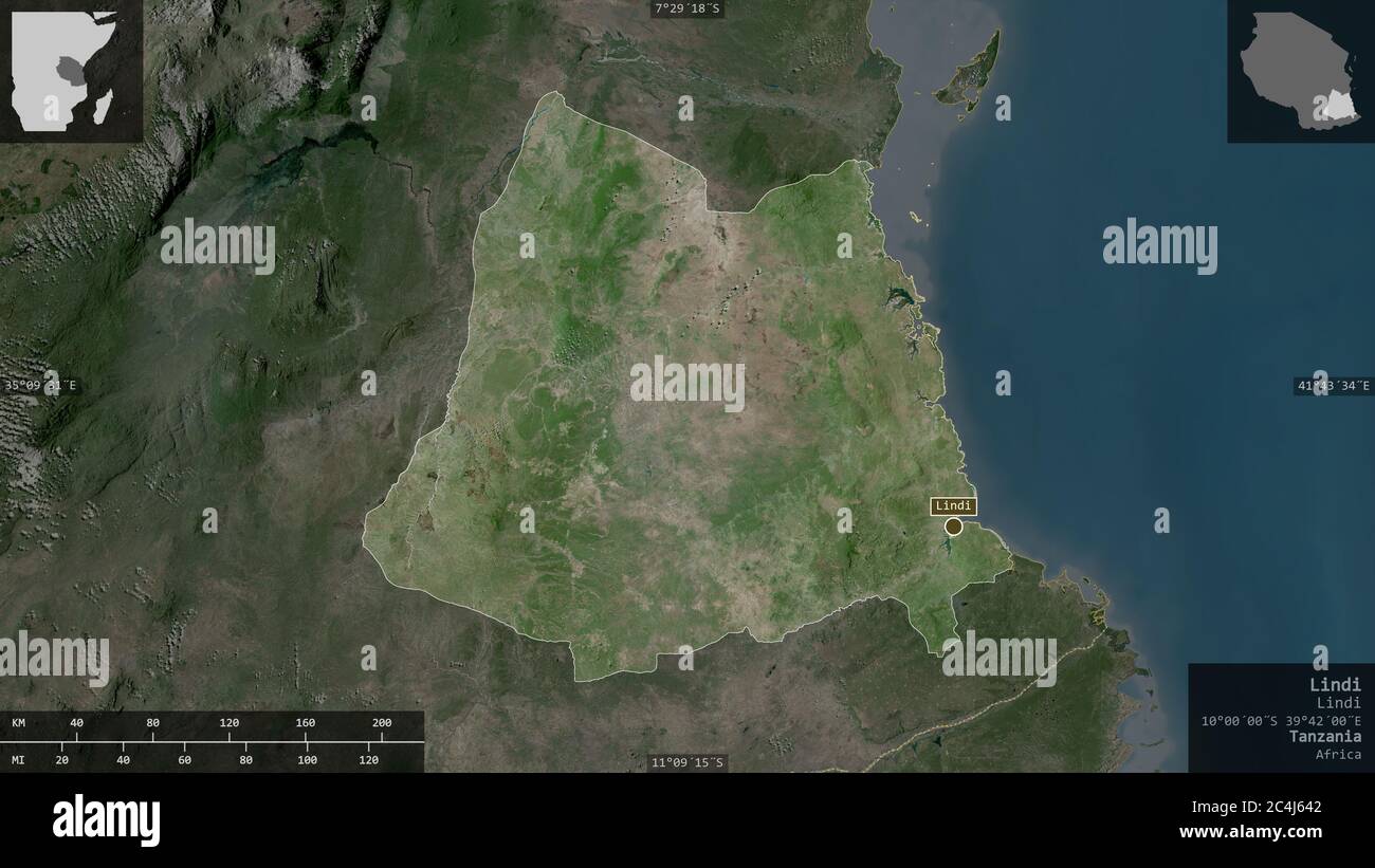 Lindi, region of Tanzania. Satellite imagery. Shape presented against ...