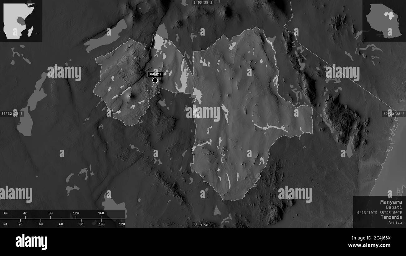 Manyara, region of Tanzania. Grayscaled map with lakes and rivers ...