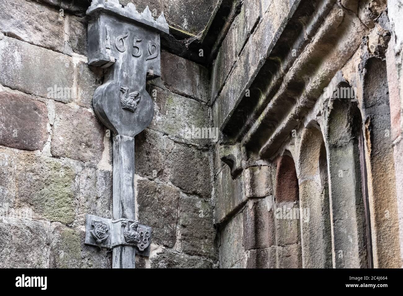 Detailed view of a medieval, leaded gutter seen on the outside of an ...