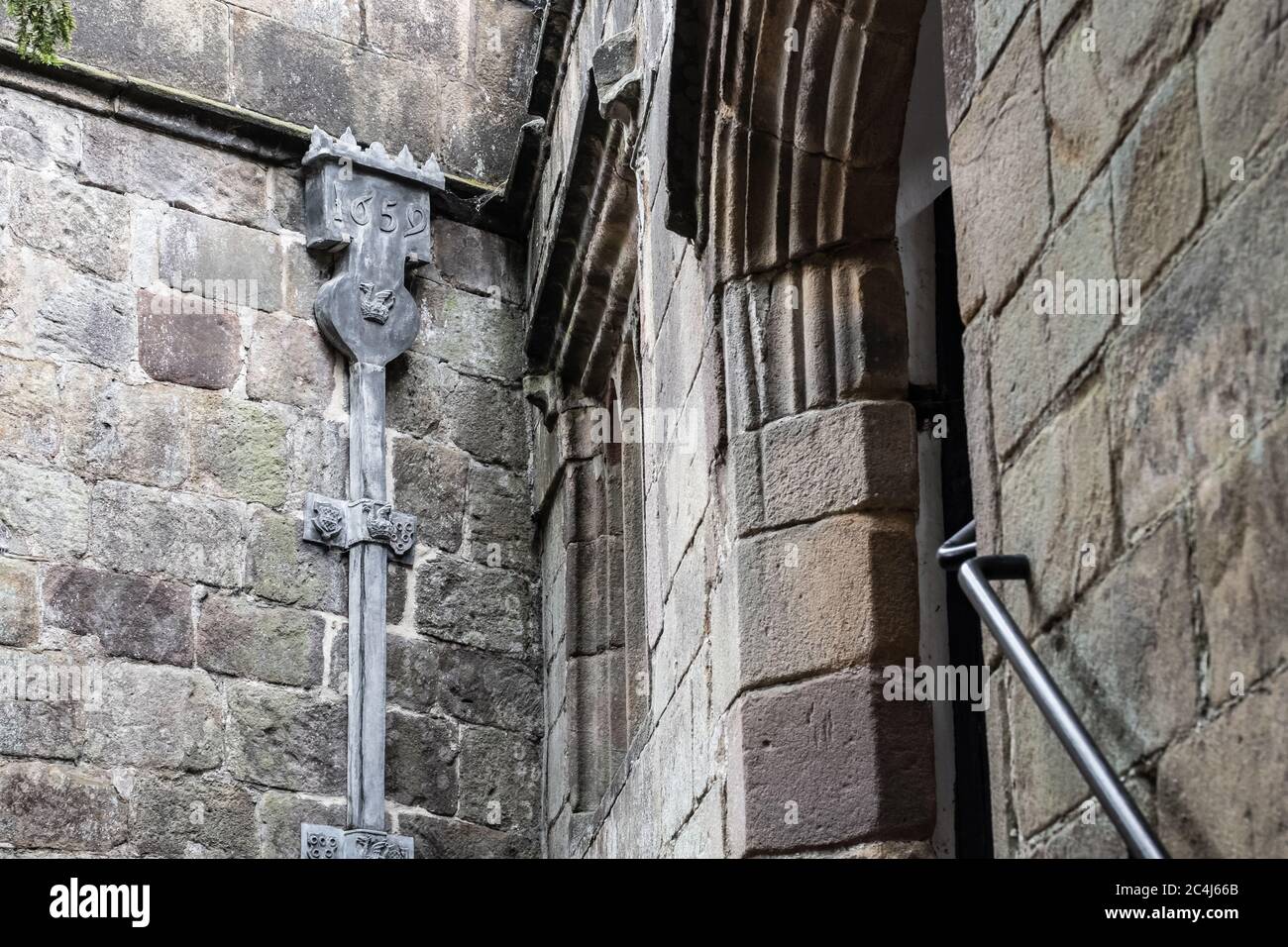 Detailed view of a medieval, leaded gutter seen on the outside of an ...