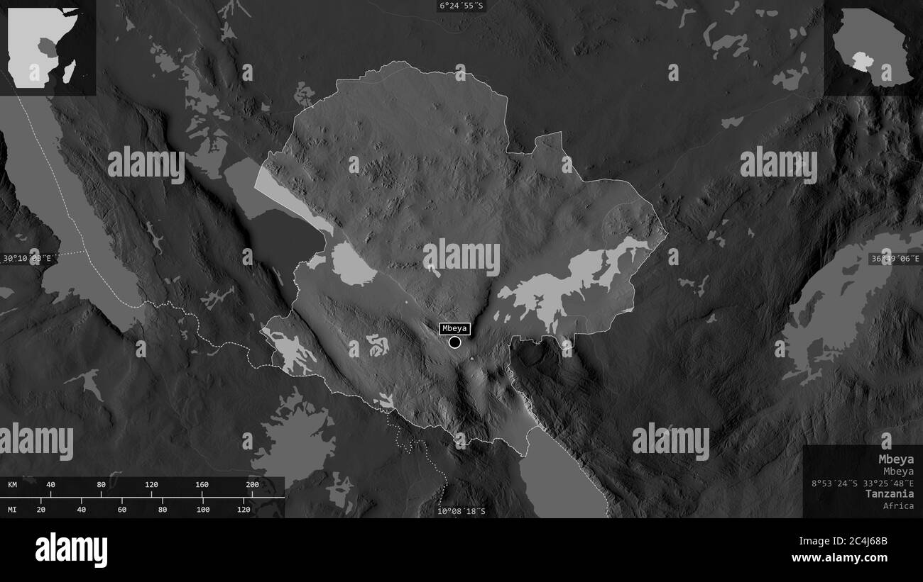Mbeya, region of Tanzania. Grayscaled map with lakes and rivers. Shape ...