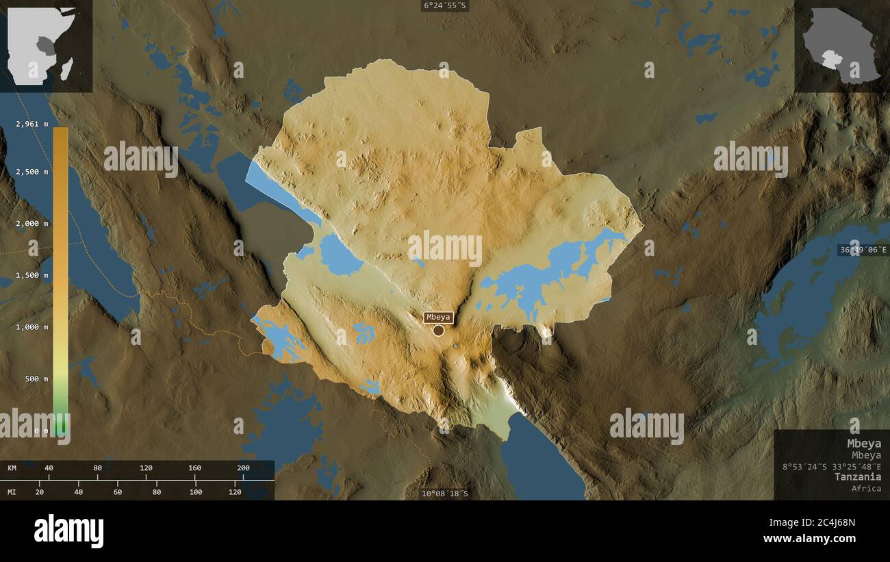 Mbeya, region of Tanzania. Colored shader data with lakes and rivers ...