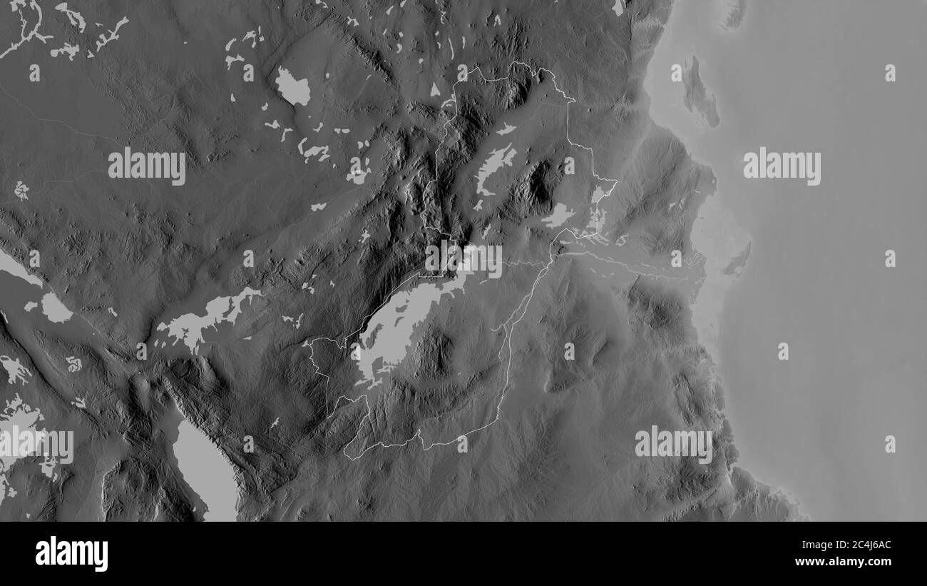 Morogoro, region of Tanzania. Grayscaled map with lakes and rivers ...