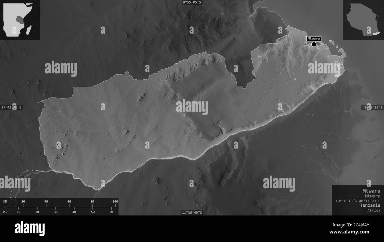 Mtwara, region of Tanzania. Grayscaled map with lakes and rivers. Shape ...