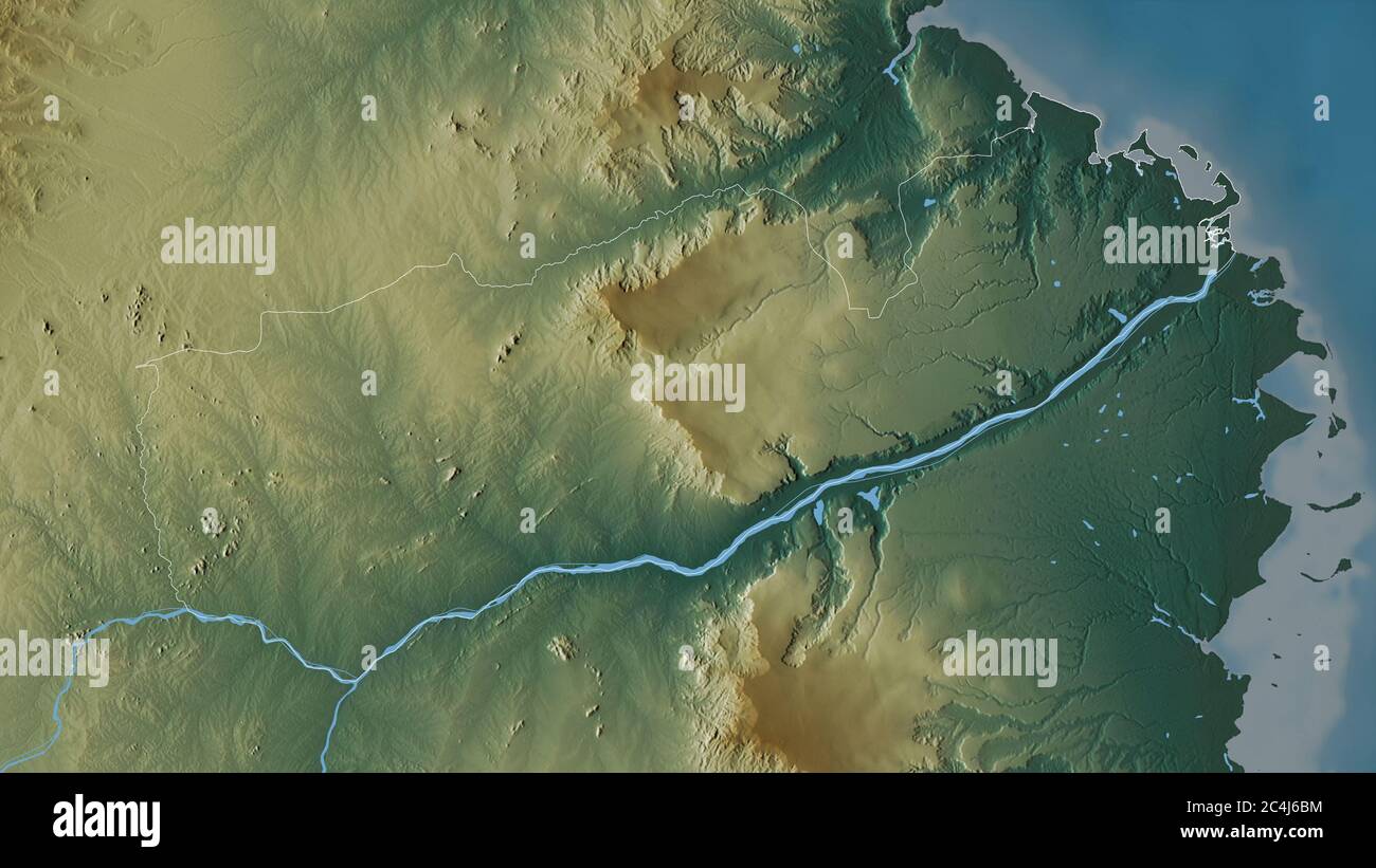 Mtwara, region of Tanzania. Colored relief with lakes and rivers. Shape ...